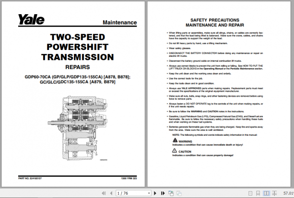Yale Class 5 Internal Combustion Engine Trucks A878 (GDP60-70CA Europe) Service Manual
