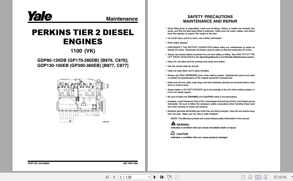 Yale Class 5 Internal Combustion Engine Trucks B876 (GDP80-120DB Europe) Service Manual