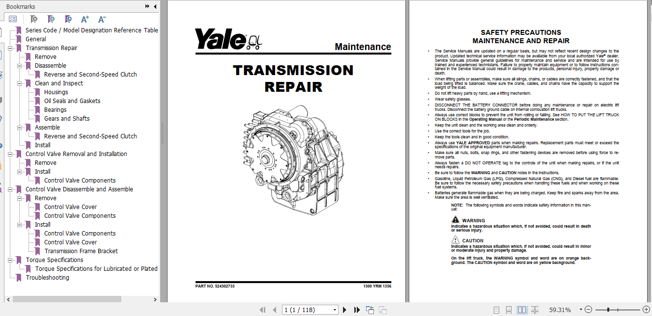 Yale Class 5 Internal Combustion Engine Trucks B877 (GDP300-360EB) Service Manual