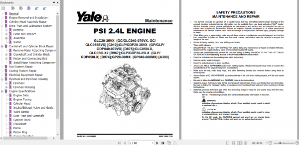 Yale Class 5 Internal Combustion Engine Trucks B974 (GLP20LX GDP25LX Europe) Service Manual