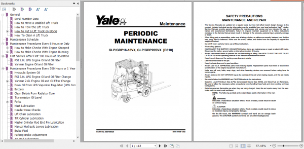 Yale Class 5 Internal Combustion Engine Trucks D810 (GDPGLP16VX GDPGLP20SVX Europe) Service Manual
