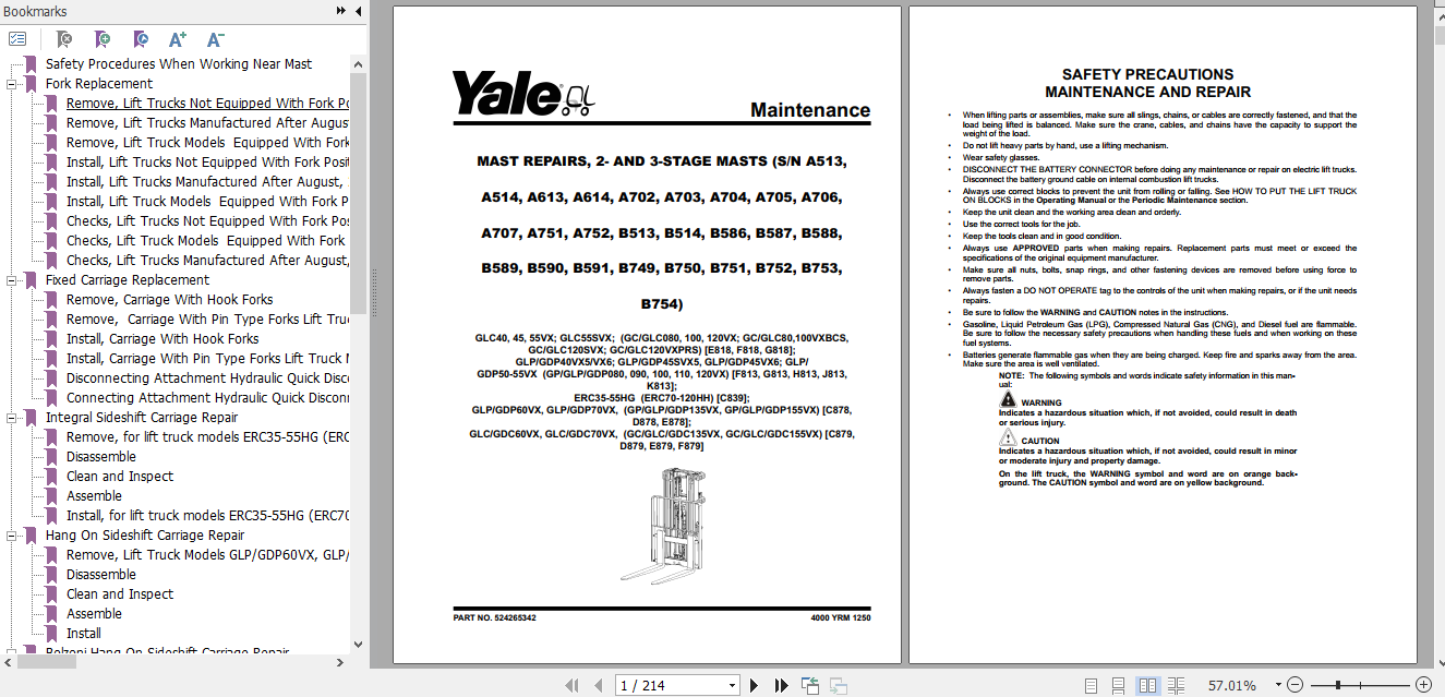 Yale Class 5 Internal Combustion Engine Trucks D878 (GLPGDP60VX GLPGDP70VX Europe) Service Manual