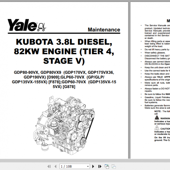 Yale Class 5 Internal Combustion Engine Trucks D909 (GDP80VX GLP90VX Europe) Service Manual