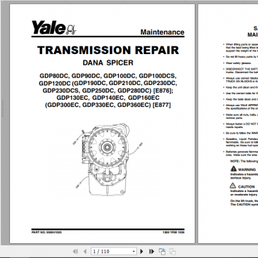 Yale Class 5 Internal Combustion Engine Trucks E878 (GLP60VX GDP70VX Europe) Service Manual