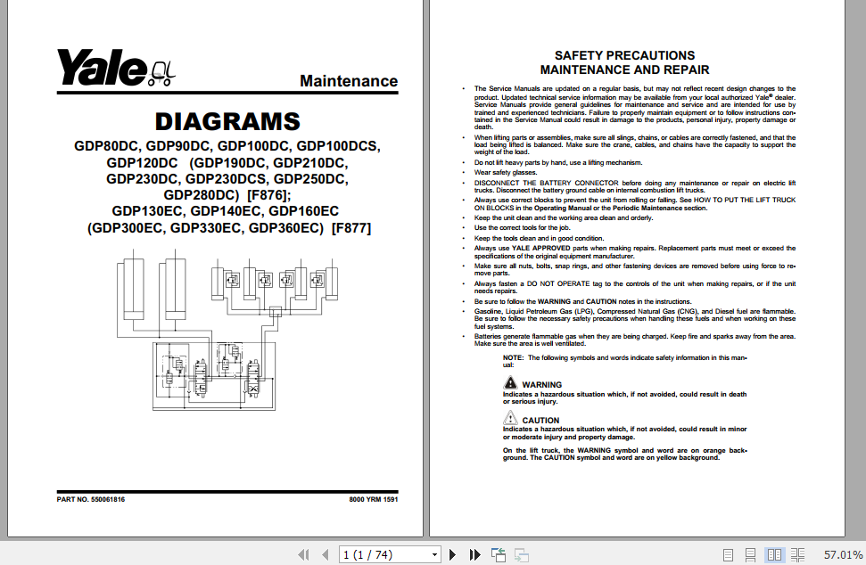 Yale Class 5 Internal Combustion Engine Trucks F876 (GDP80DC GDP120DC Europe) Service Manual