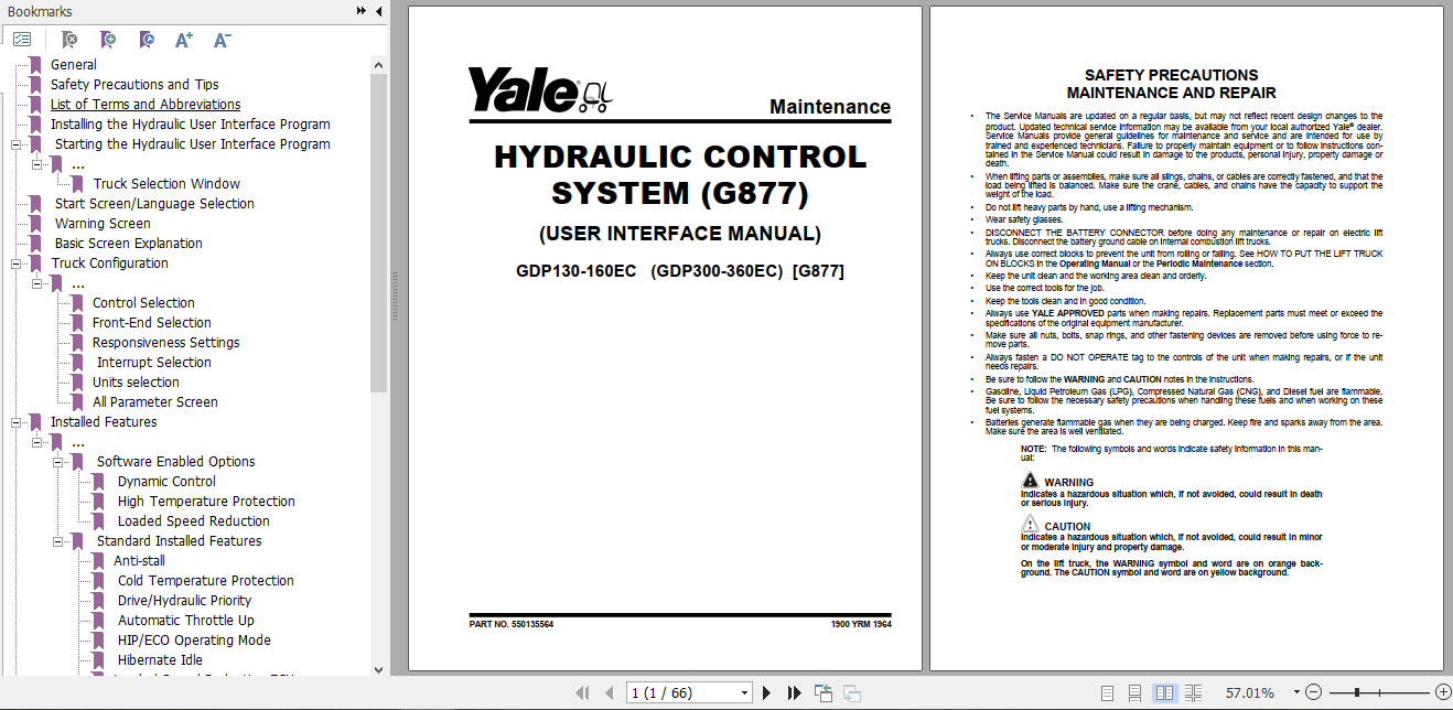 Yale Class 5 Internal Combustion Engine Trucks G877 (GDP300EC GDP360EC) Service Manual