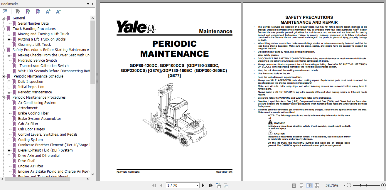 Yale Class 5 Internal Combustion Engine Trucks G877 (GDP300EC GDP360EC) Service Manual