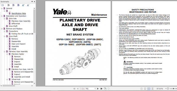 Yale Class 5 Internal Combustion Engine Trucks G877 (GDP300EC GDP360EC) Service Manual