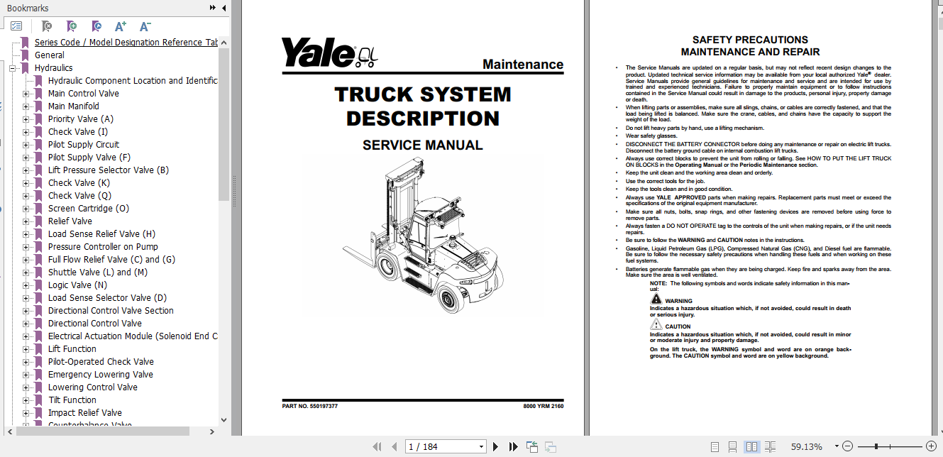 Yale Class 5 Internal Combustion Engine Trucks H876 (GDP190DC GD280DC) Service Manual