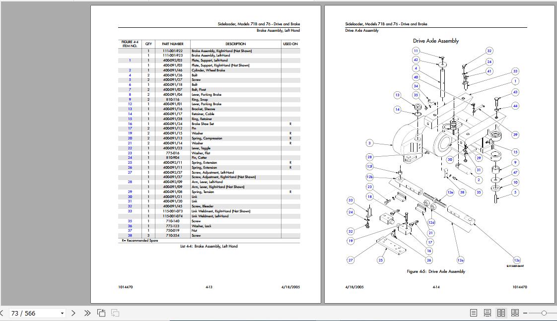 Raymond Side Loader Truck 71B 76 Schematics, Maintenance & Parts Manual