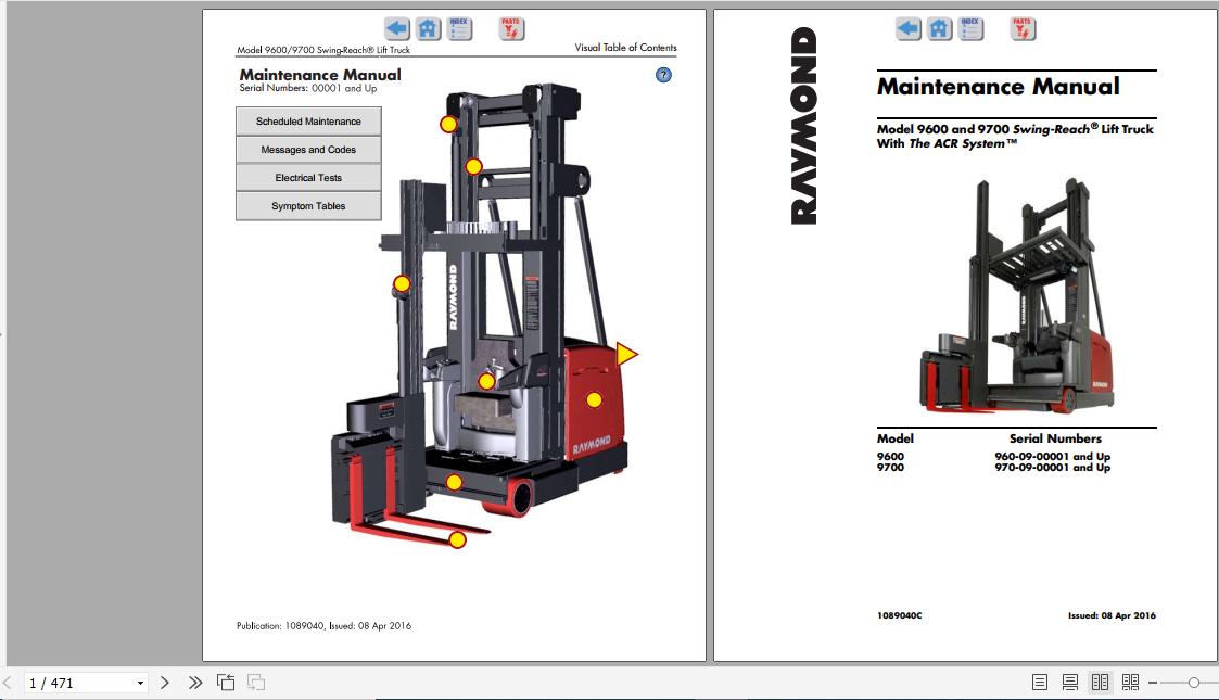 Raymond Swing-Reach Truck 9600 9700 Schematics, Maintenance & Parts Manual