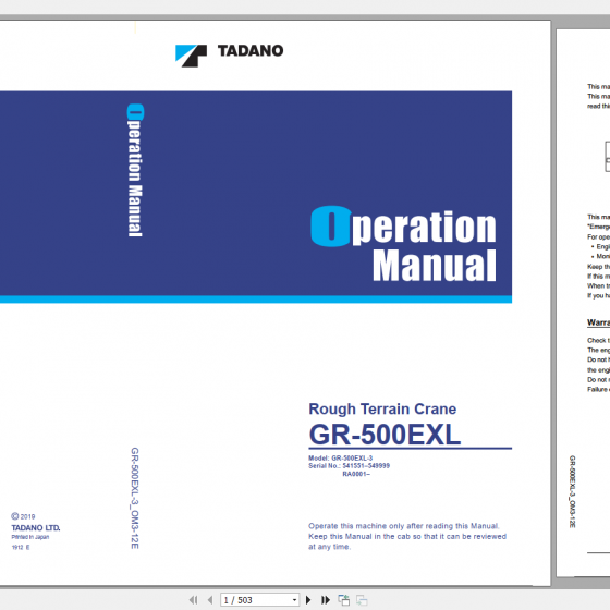 Tadano Rough Terrain Crane GR-500EXL-3 GR-500E-3-00101 Operation ...