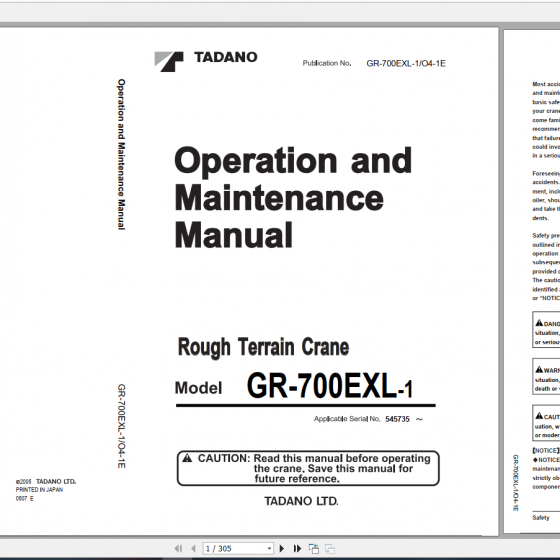 Tadano Rough Terrain Crane GR-700N-1 GR-700N-1-00121 Operation & Maintance Manual