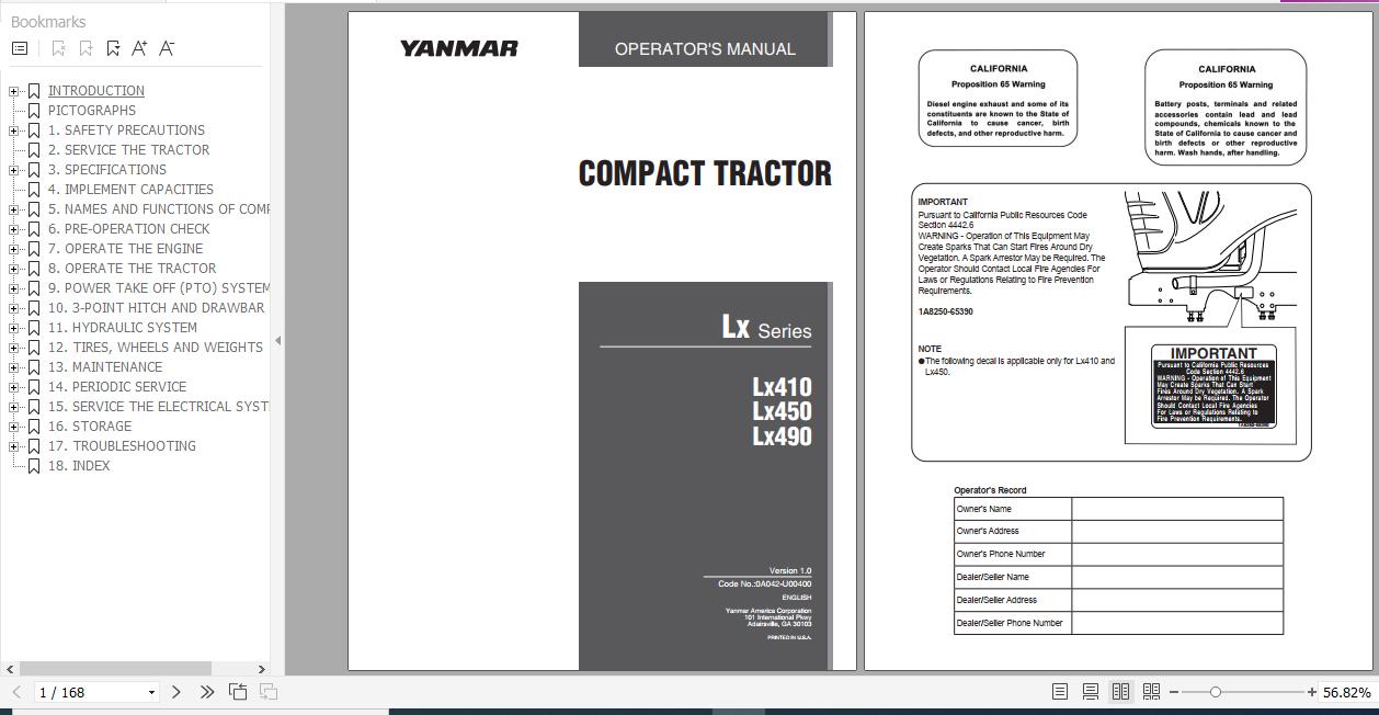 Yanmar Compact Tractor Lx410 Lx450 Lx490 Operator's Manual 0A042-U00400