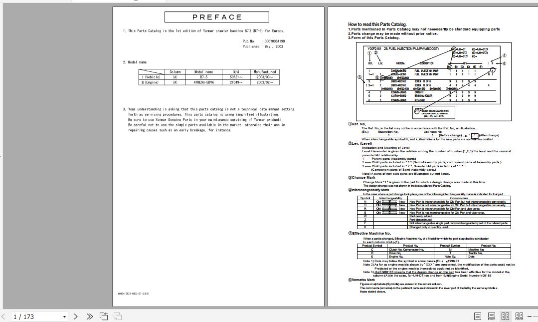 Yanmar Crawler Backhoe B7-5 Europa Parts Catalog Y00S4190