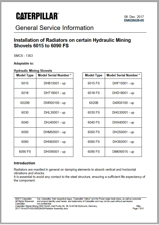 CAT Hydraulic Shovel 6015-6090 FS Radiator Assembly Service Information ...