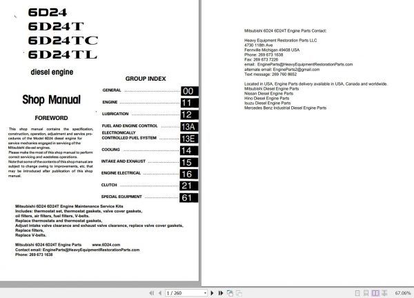 Mitsubishi Diesel Engine 6D24 6D24T 6D24TC 6D24TL Shop Manual