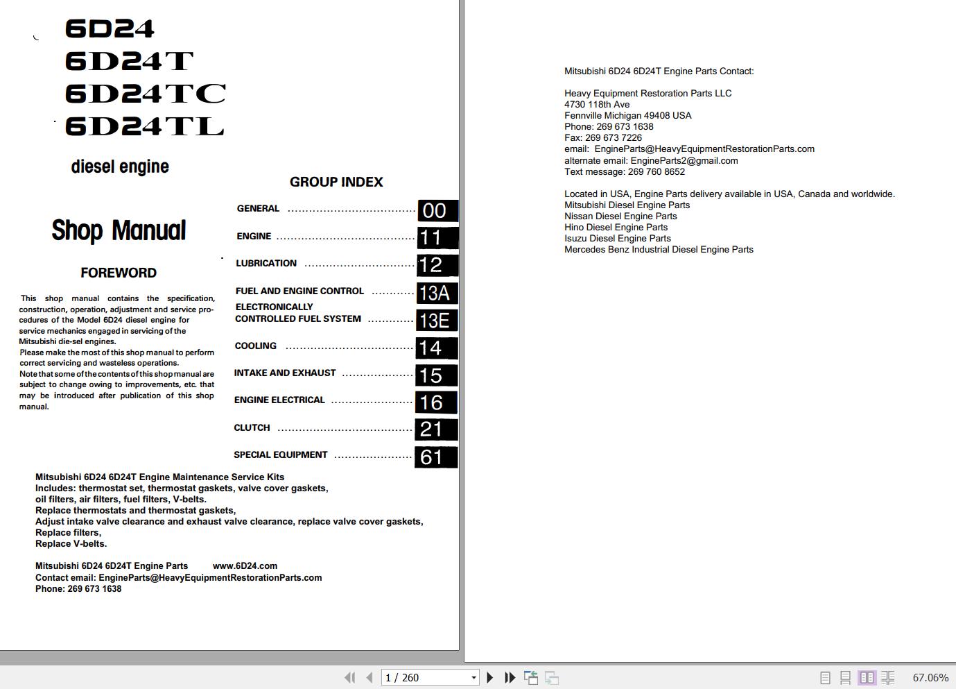Mitsubishi Diesel Engine 6D24 6D24T 6D24TC 6D24TL Shop Manual