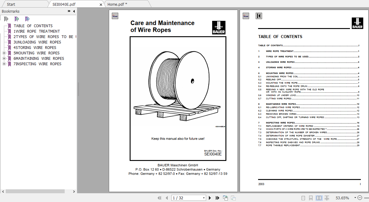 BAUER BC32 #207 & LIEBHERR HS885 Instruction Manual, Spare Part List ...