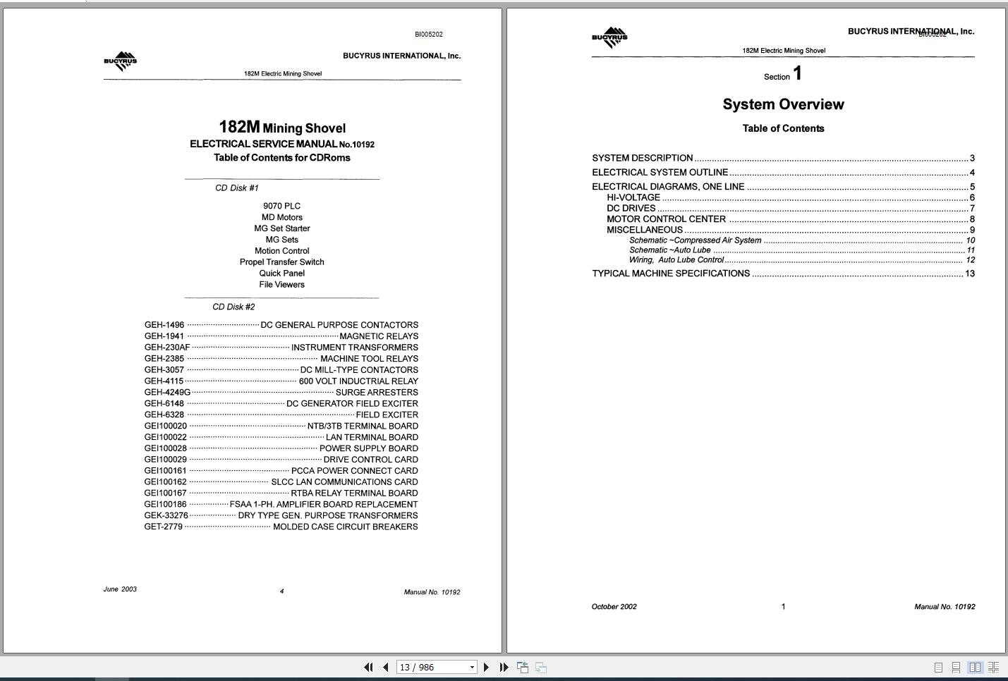 CAT Electric Rope Shovel 7182 182M 141144 141145 Service Manual 10192 ...