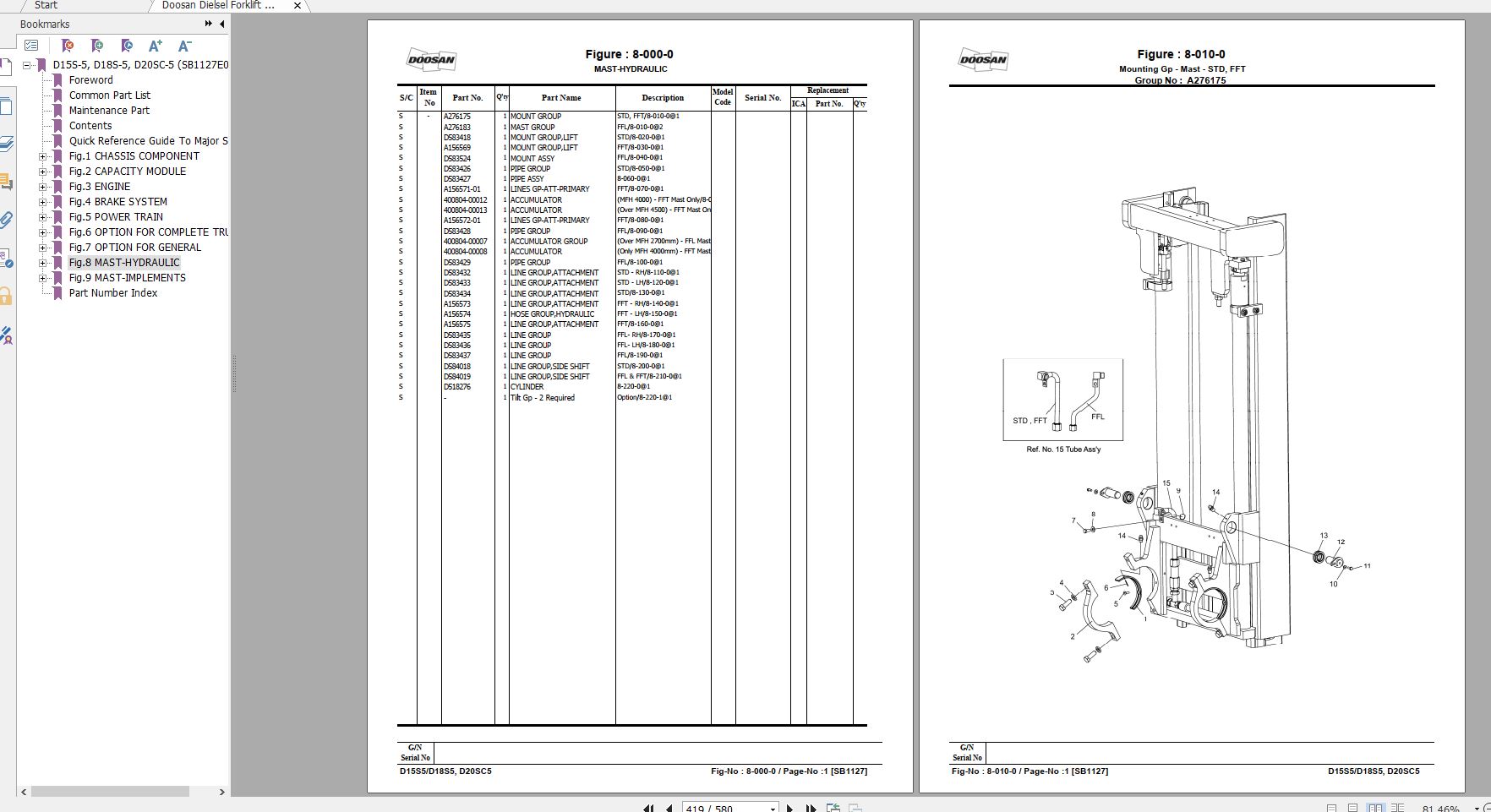 Doosan Dielsel Forklift D15S-5 D18S-5 D20SC-5 Part Book SB1127E09