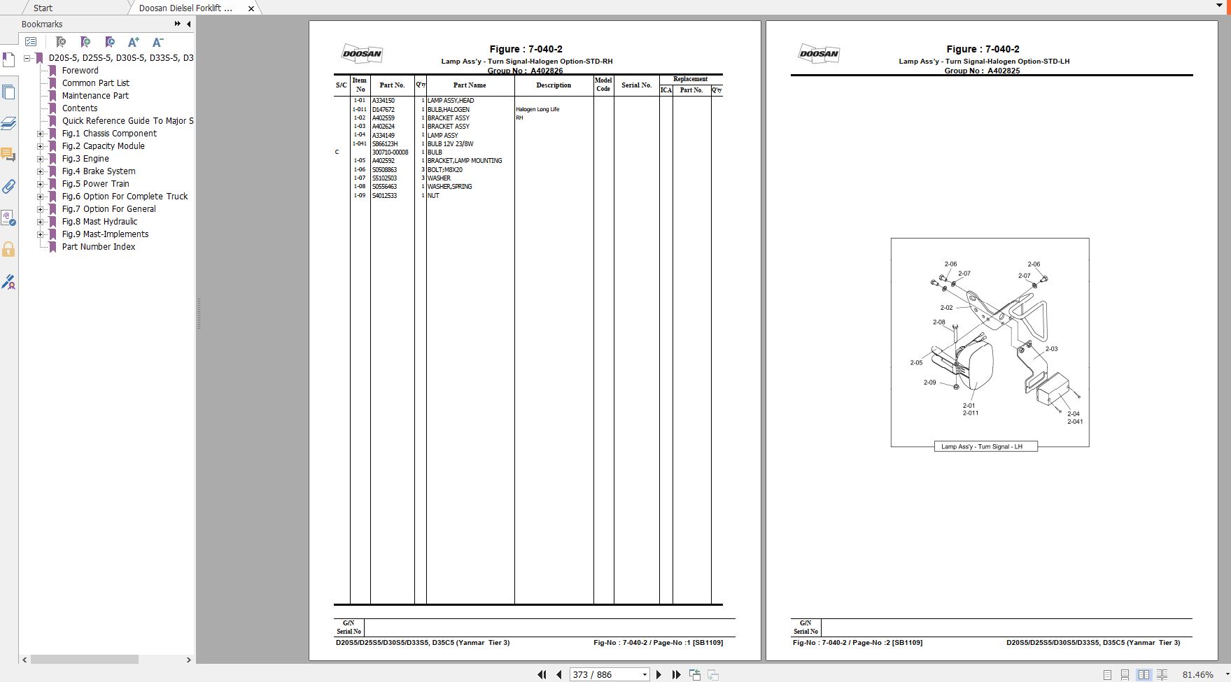 Doosan Dielsel Forklift D20S-5 D25S-5 D30S-5 D33S-5 D35S-5 Part Book SB1109E16