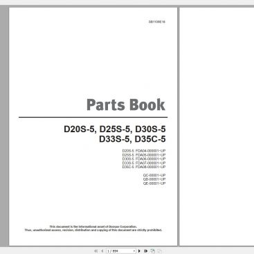 Doosan Dielsel Forklift D20S-5 D25S-5 D30S-5 D33S-5 D35S-5 Part Book SB1182E03