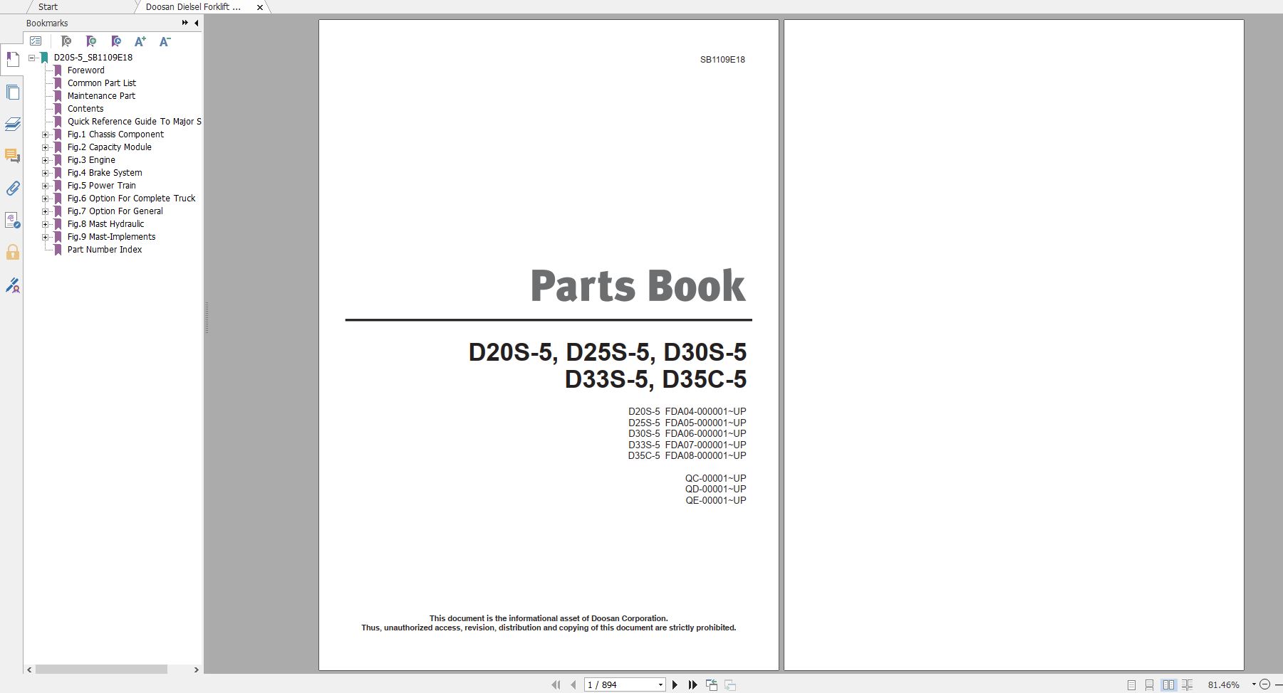 Doosan Dielsel Forklift D20S-5 D25S-5 D30S-5 D33S-5 D35S-5 Part Book SB1109E18