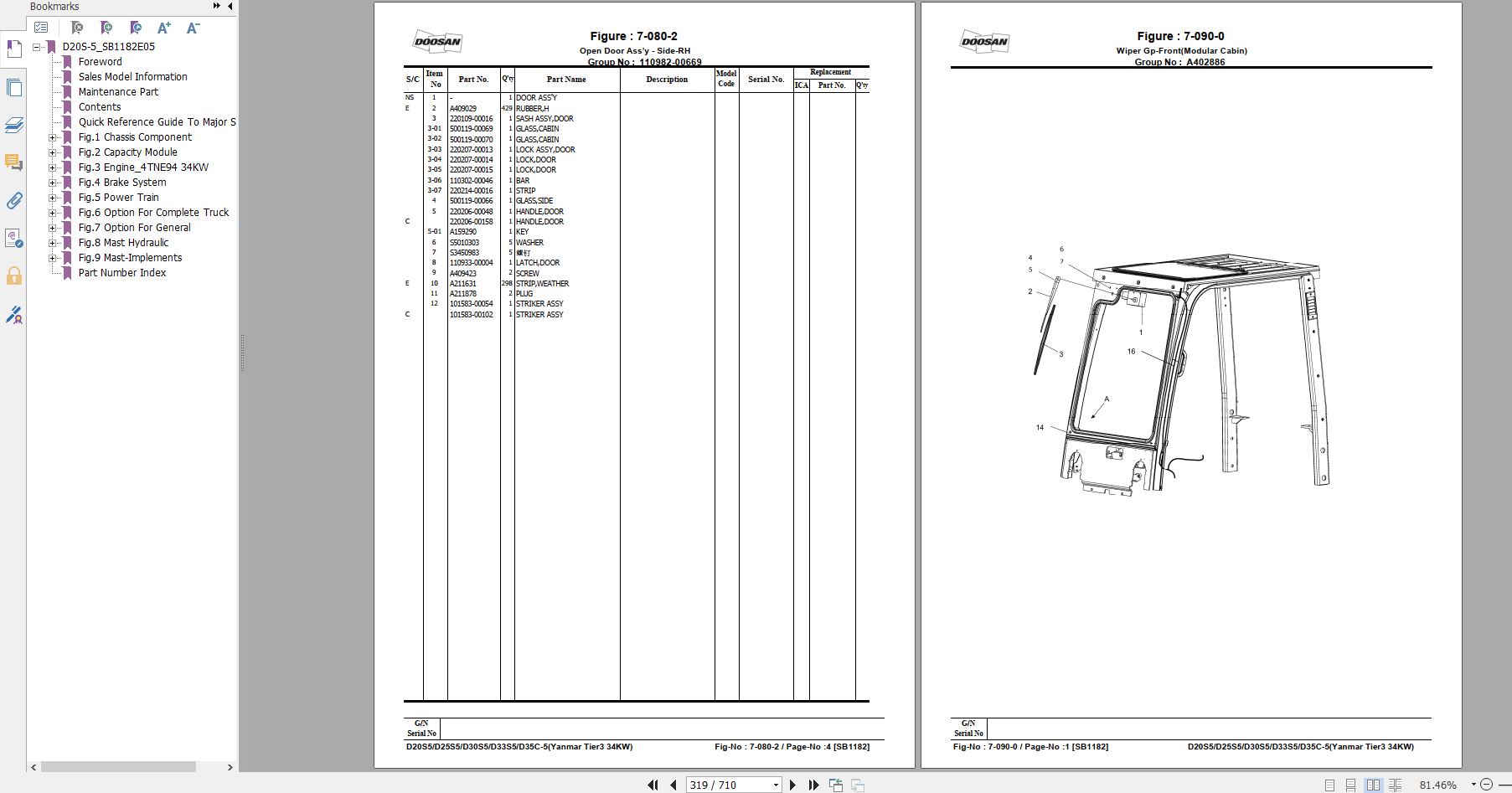 Doosan Dielsel Forklift D20S-5 D25S-5 D30S-5 D33S-5 D35S-5 Part Book SB1182E05