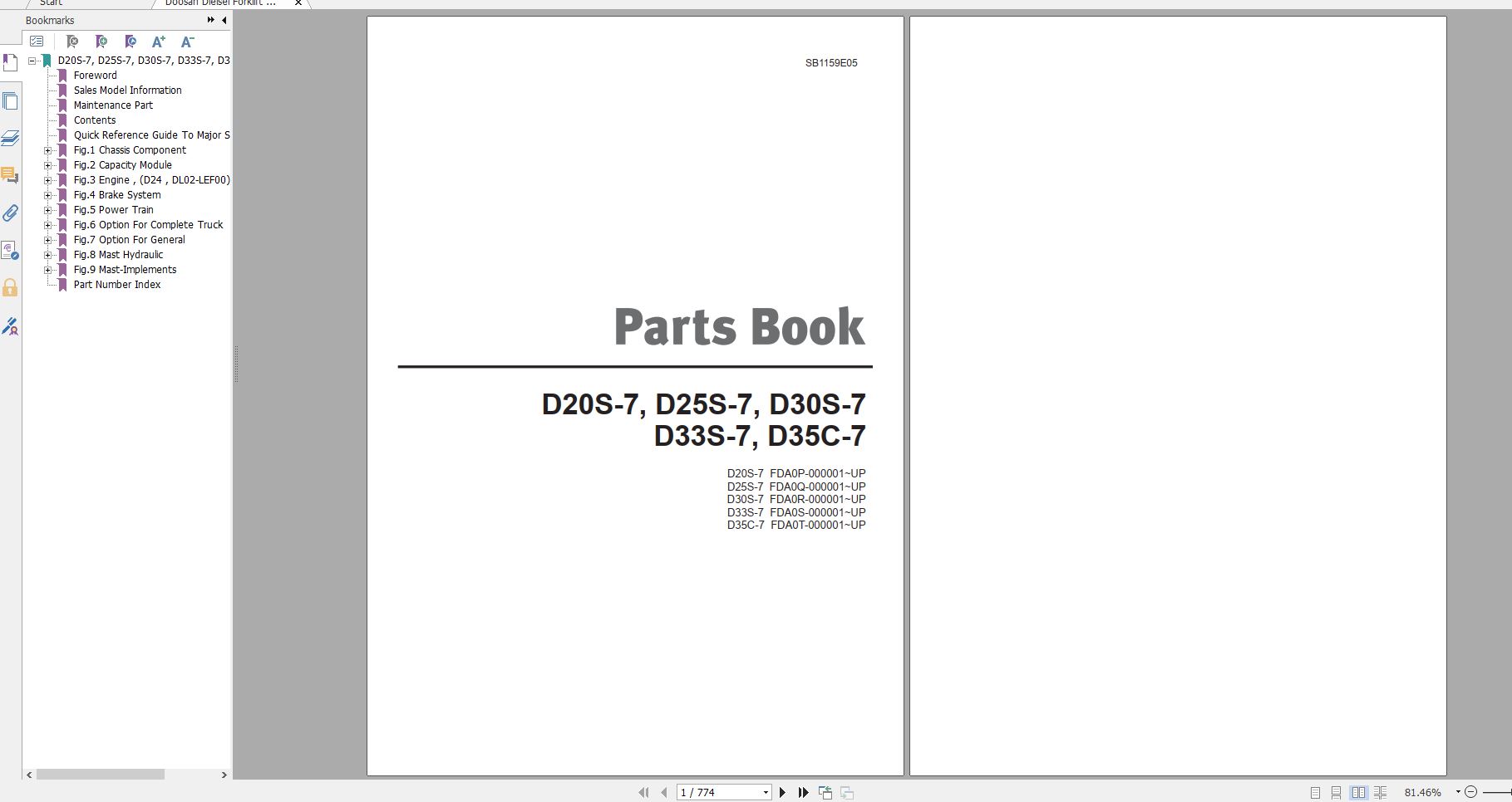 Doosan Dielsel Forklift D20S-7 D25S-7 D30S-7 D33S-7 D35C-7 Part Book SB1159E05