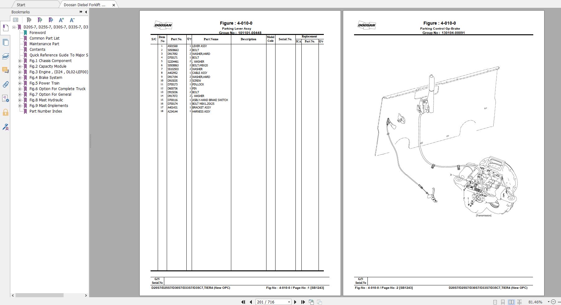 Doosan Dielsel Forklift D20S-7 D25S-7 D30S-7 D33S-7 D35C-7 Part Book SB1243E00
