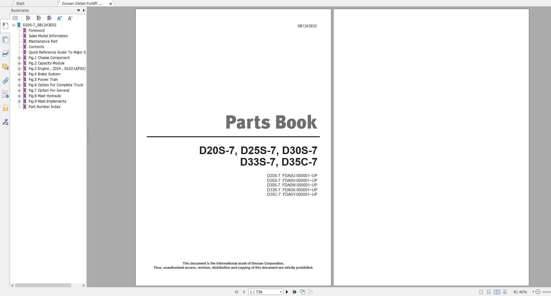 Doosan Dielsel Forklift D20S-7 D25S-7 D30S-7 D33S-7 D35C-7 Part Book SB1243E02