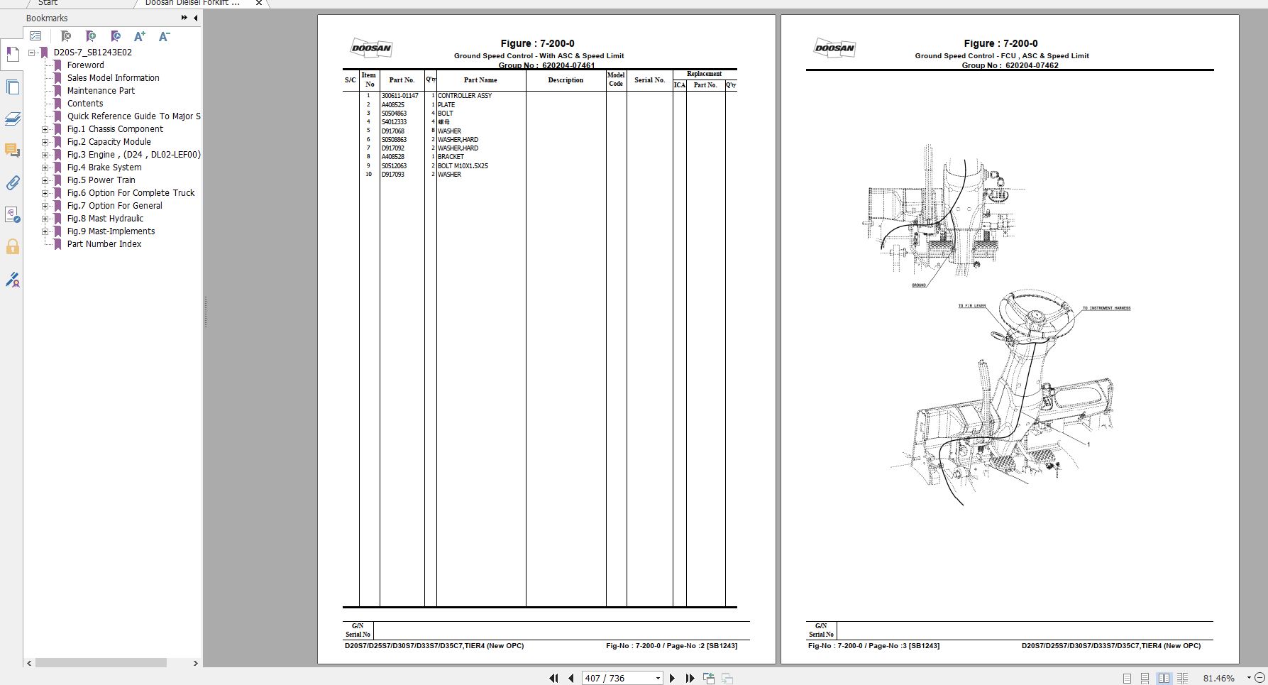 Doosan Dielsel Forklift D20S-7 D25S-7 D30S-7 D33S-7 D35C-7 Part Book SB1243E02
