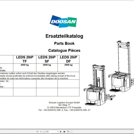 Doosan Electric Pallet Truck LEDS 20 Part Book 03.2014 EN DE