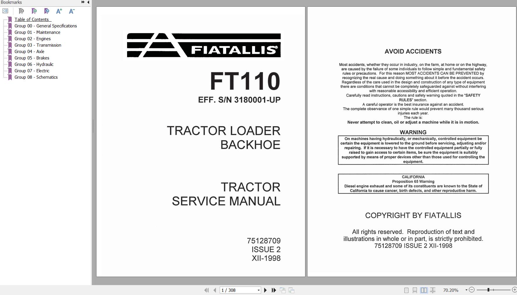 Fiat Allis Tractor Loader Backhoe FT110 Service Manual 75128709