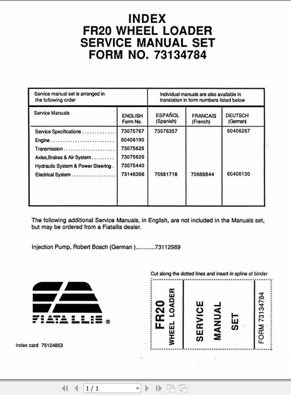 Fiat Allis Wheel Loader FR20 Service Manual 73134784