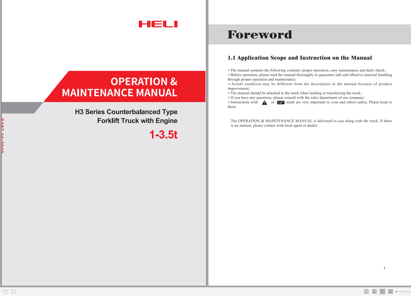Heli Forklift H3 Series Counterbalanced 1-3.5t CPCD20-30 Operation & Maintenance Manual