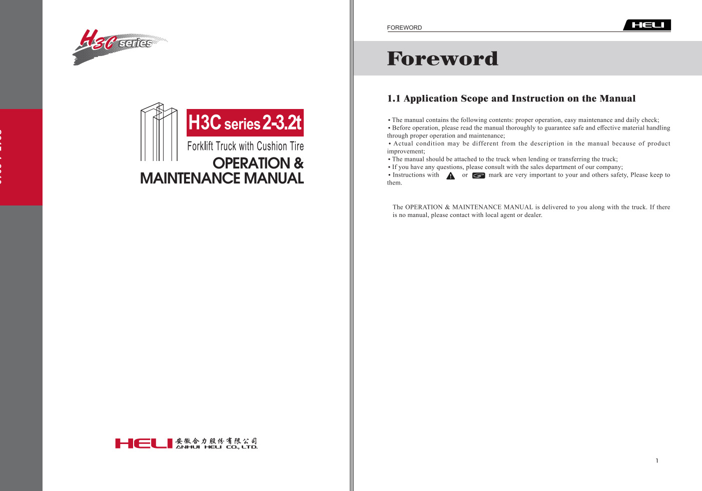 Heli Forklift H3C series 2-3.2t CPYD20-32C-KU1H Operation & Maintenance Manual
