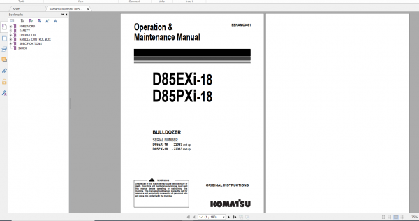 Komatsu Bulldozer D85EXi-18 D85PXi-18 Operation & Maintenance Manual ...