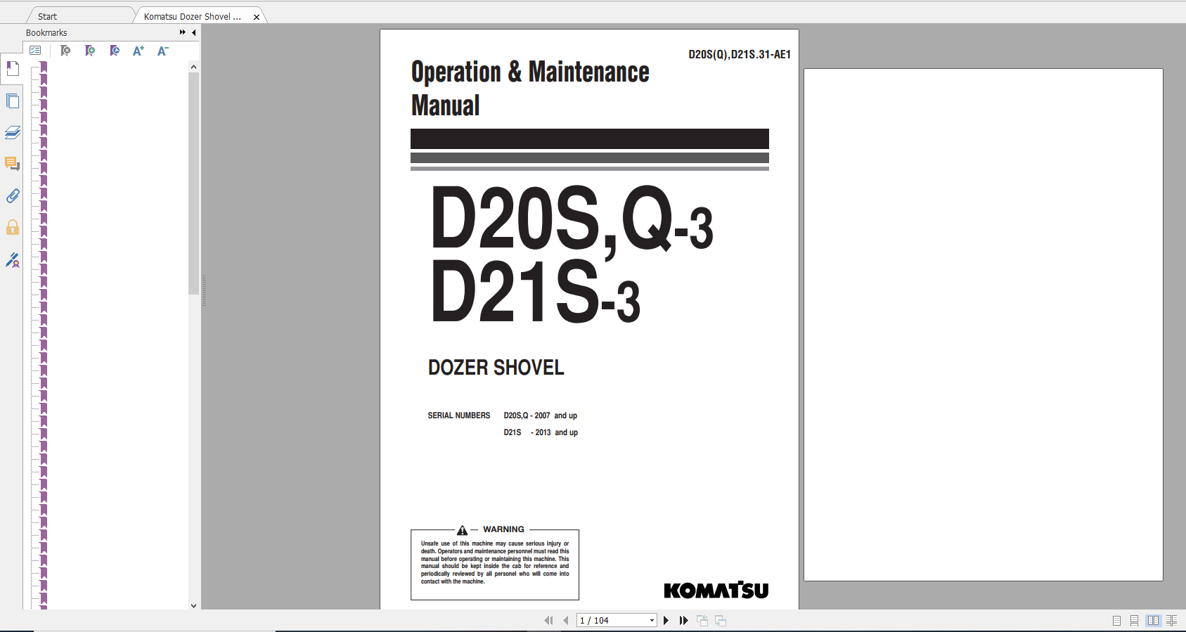 Komatsu Dozer Shovel D20S-3 D20Q-3 D21S-3 Operation & Maintenance Manual D20S(Q),D21S.31-AE1