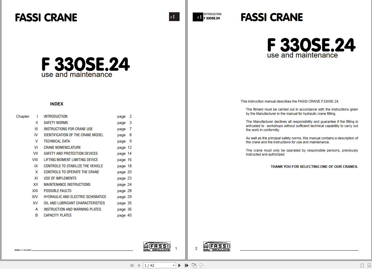 Fassi Cranes F330SE.24 Use and Maintenance Manual 2003