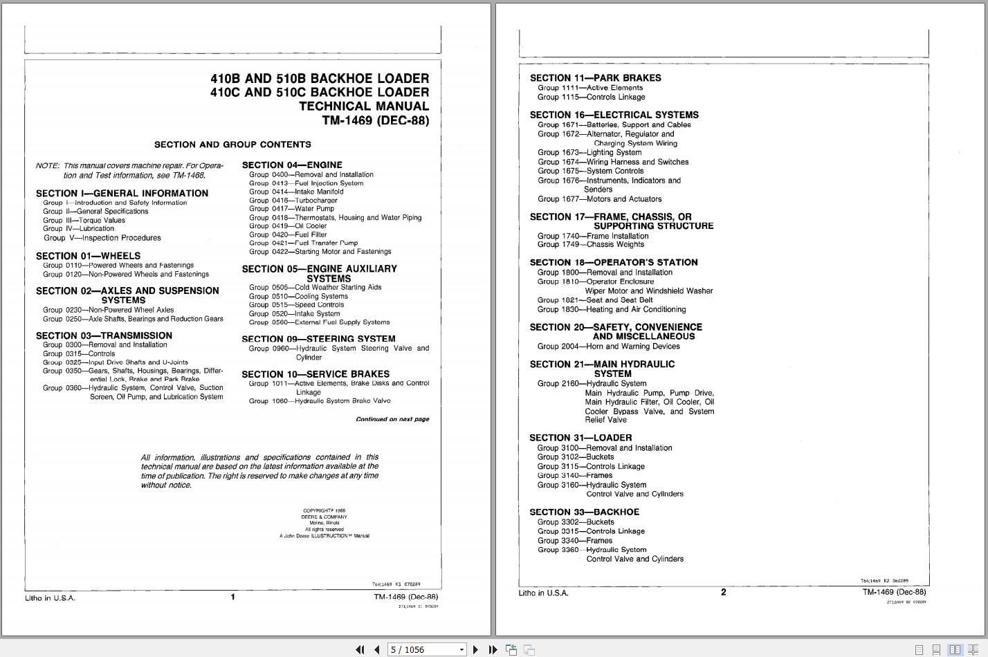 John Deere Backhoe Loader 410B 410C 510B 510C Technical Manual TM1469