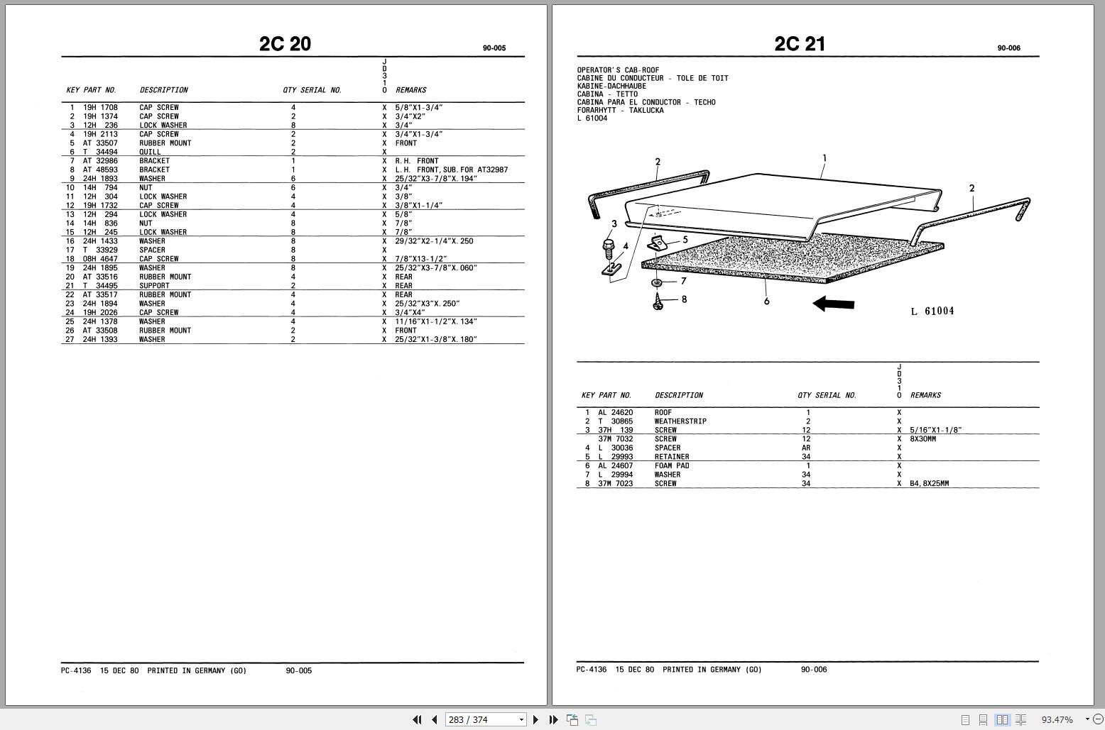 John Deere Backhoe Loader JD310 Parts Catalog PC4136 (15DEC80)