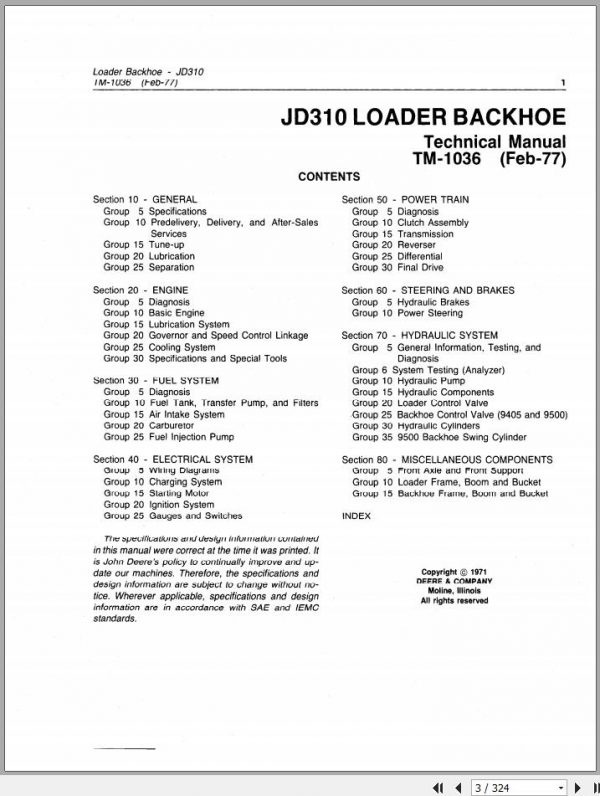 John Deere Backhoe Loader JD310 Technical Manual TM1036