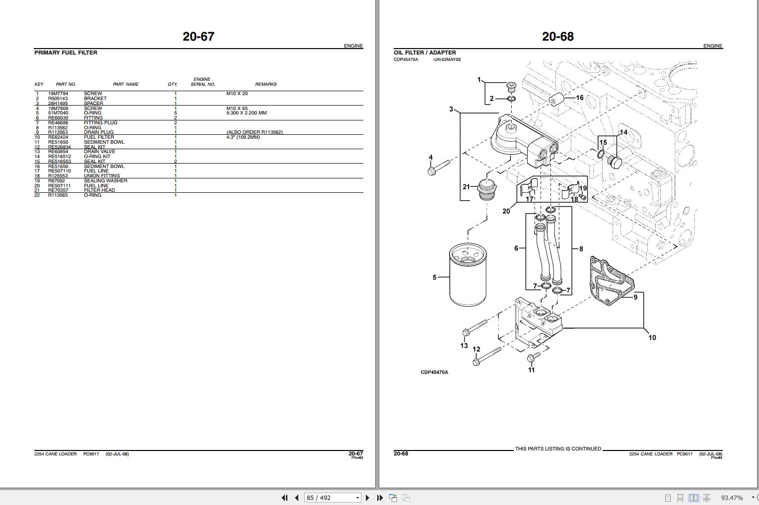 John Deere Cane Loader 2254 Parts Catalog PC9617 2009