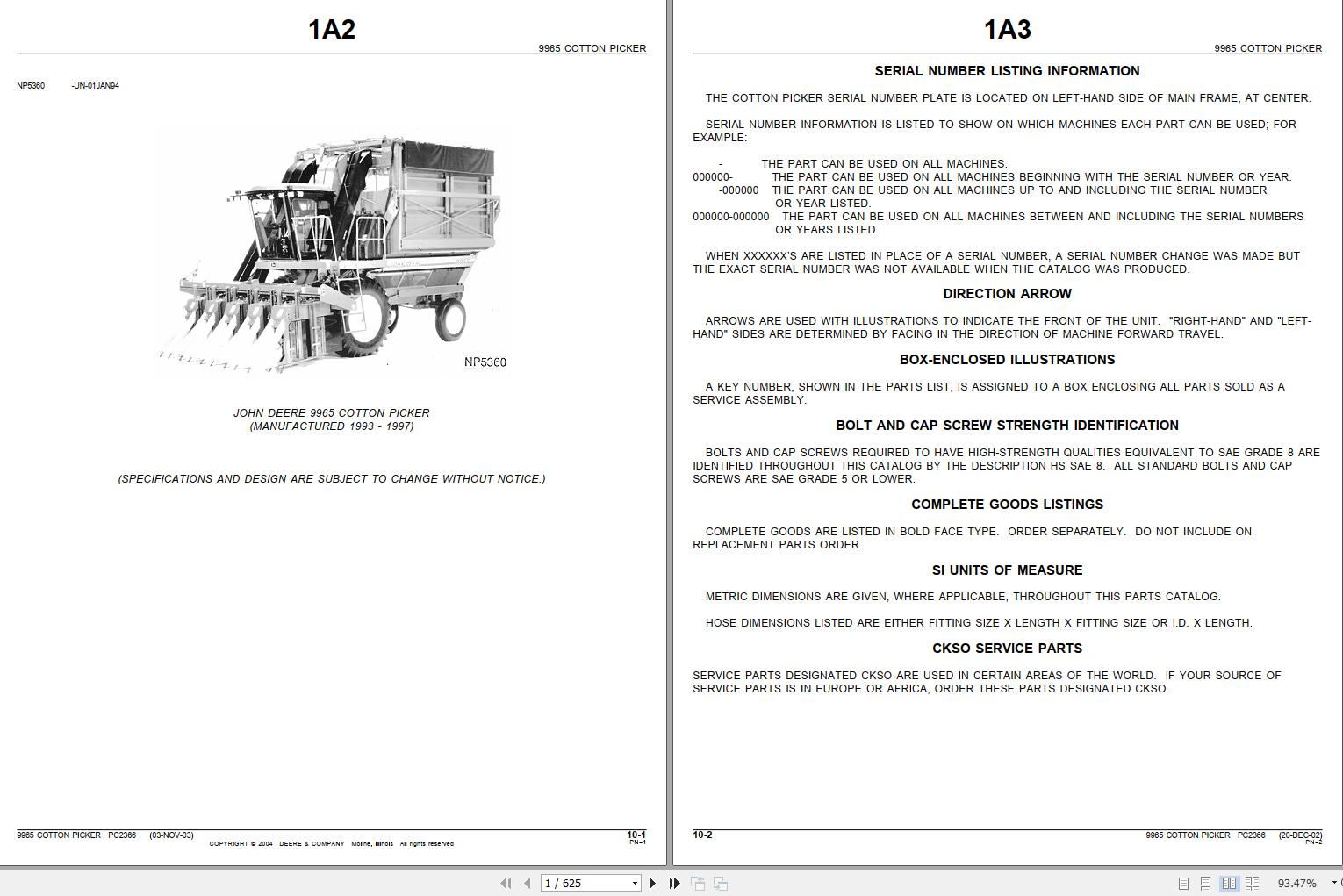 John Deere Cotton Picker 9965 Parts Catalog PC2366 2004