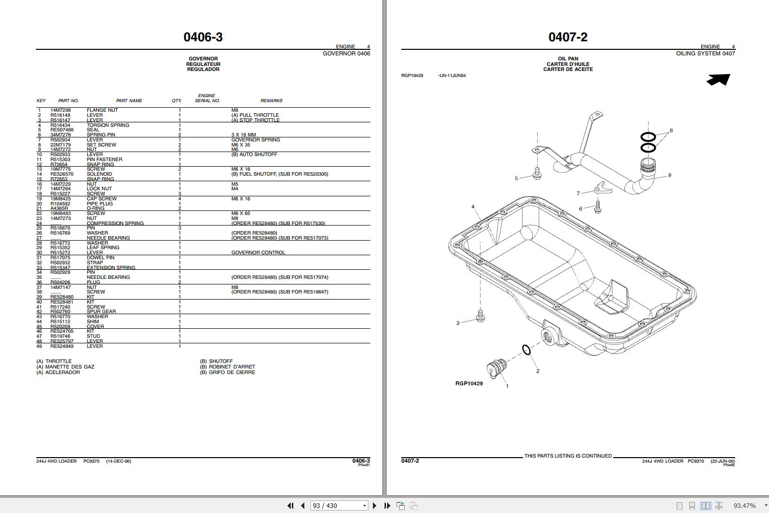 John Deere Loader 244J 4WD Parts Catalog PC9370 2006