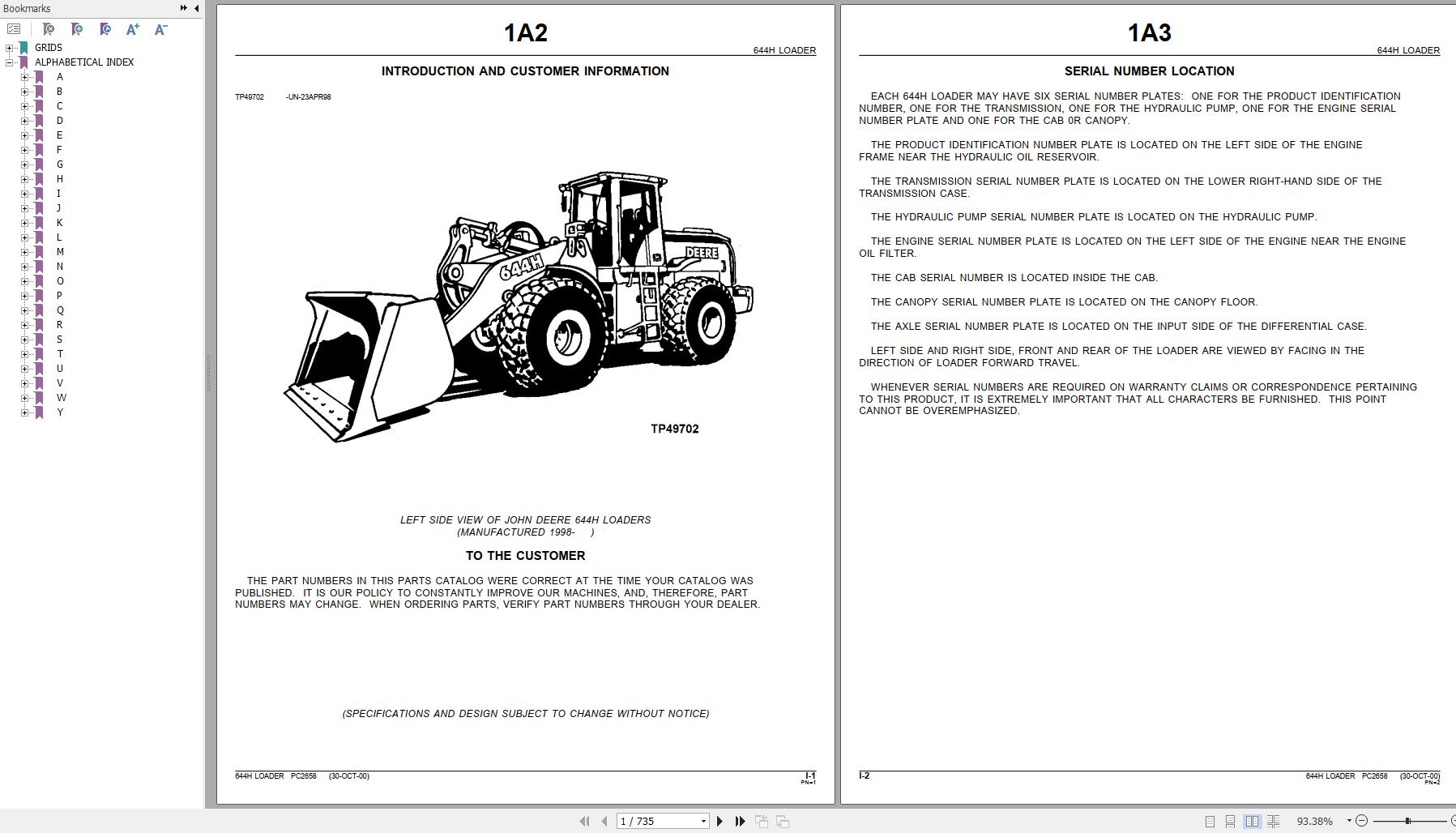 John Deere Loader 644H Parts Catalog PC2658 2000