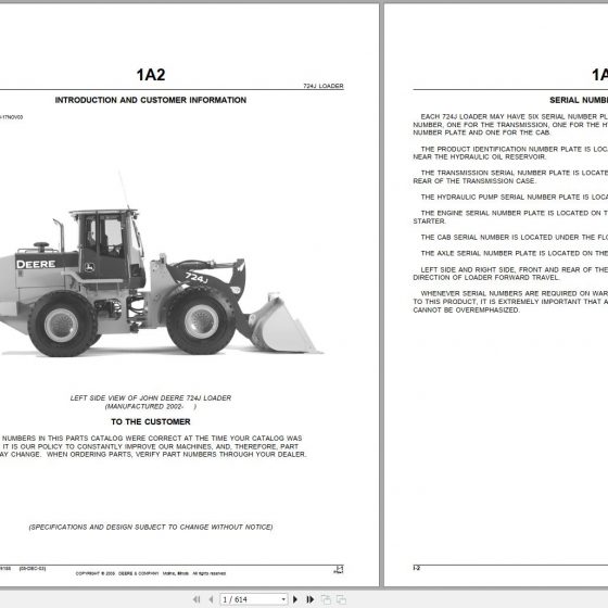 John Deere Loader 724J Parts Catalog PC9155 2007