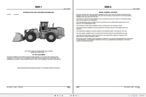 John Deere Loader 844J Parts Catalog PC9391 2007